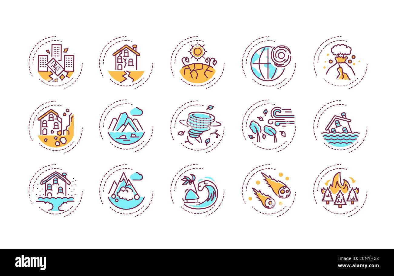 Natural disasters color line icons set. A major adverse event resulting ...