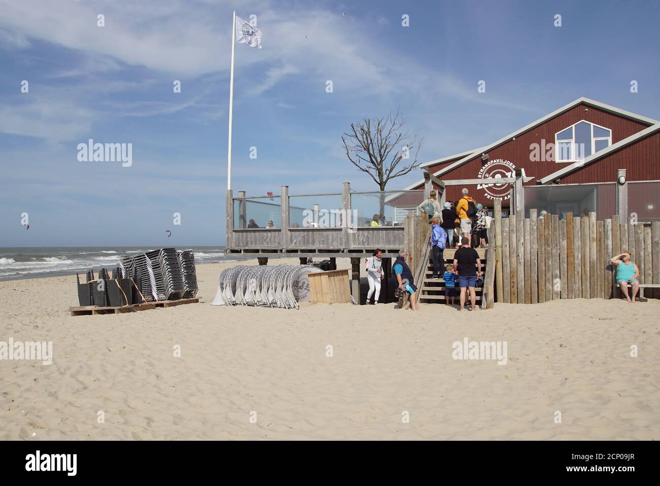 Beach pavilion Zee & Zo on the beach near the Dutch coastal village of ...