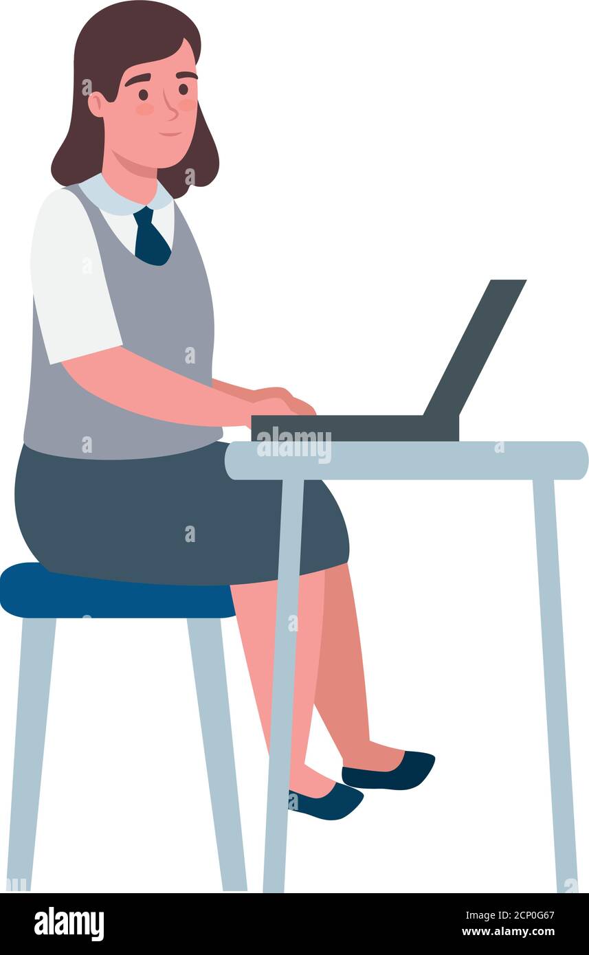 school girl kid cartoon with laptop at desk vector design Stock Vector ...