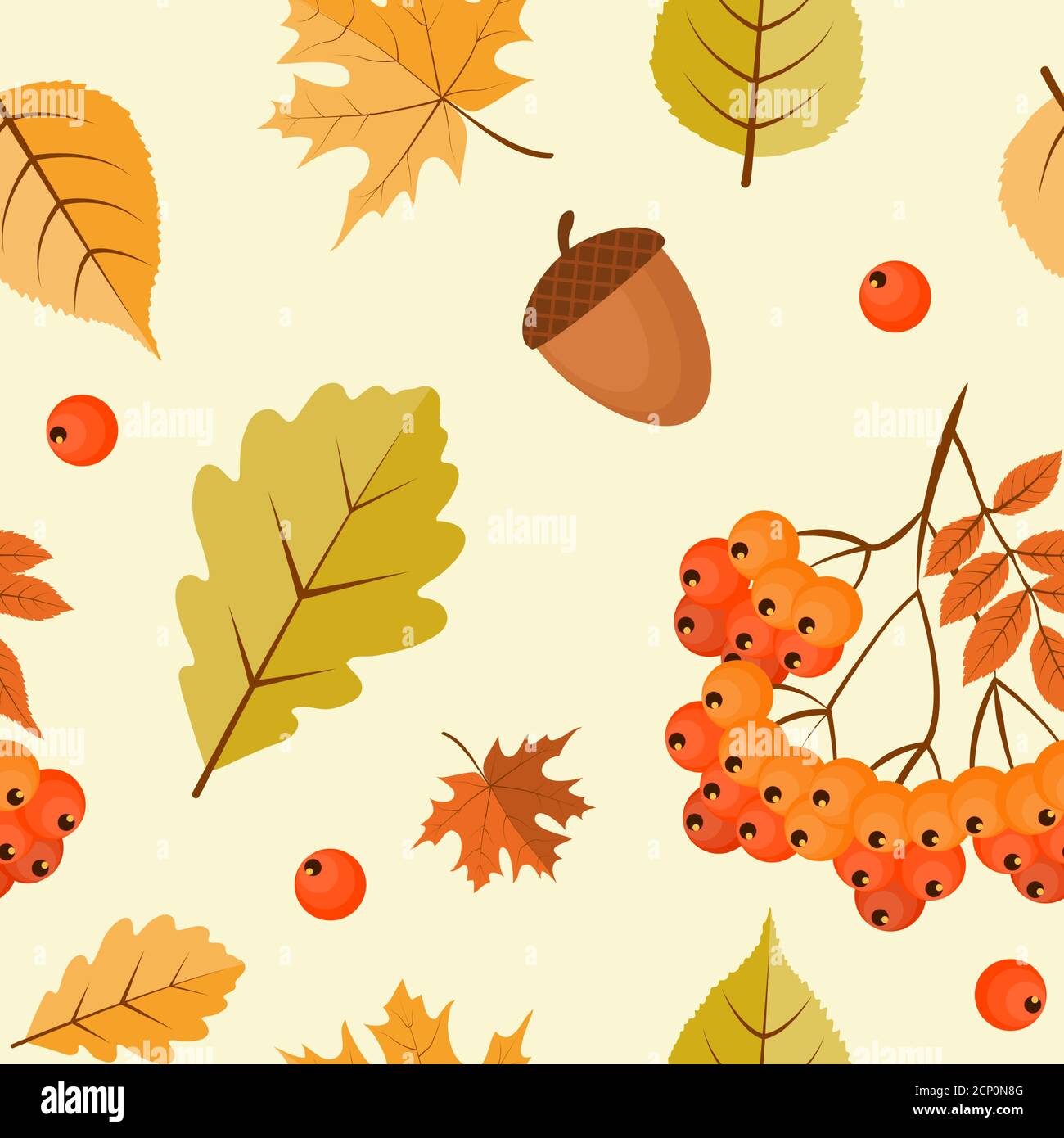 Abstract Autumn Seamless Pattern Background with Falling Leaves, Rowan and Acorn. Vector ...