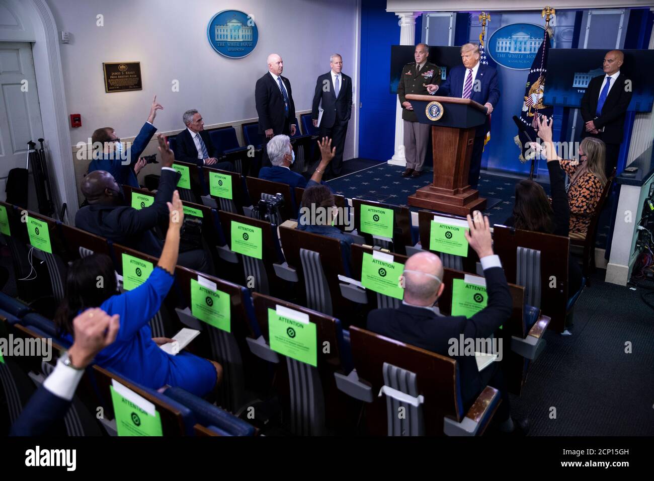 US President Donald J. Trump responds to a question from the news media ...