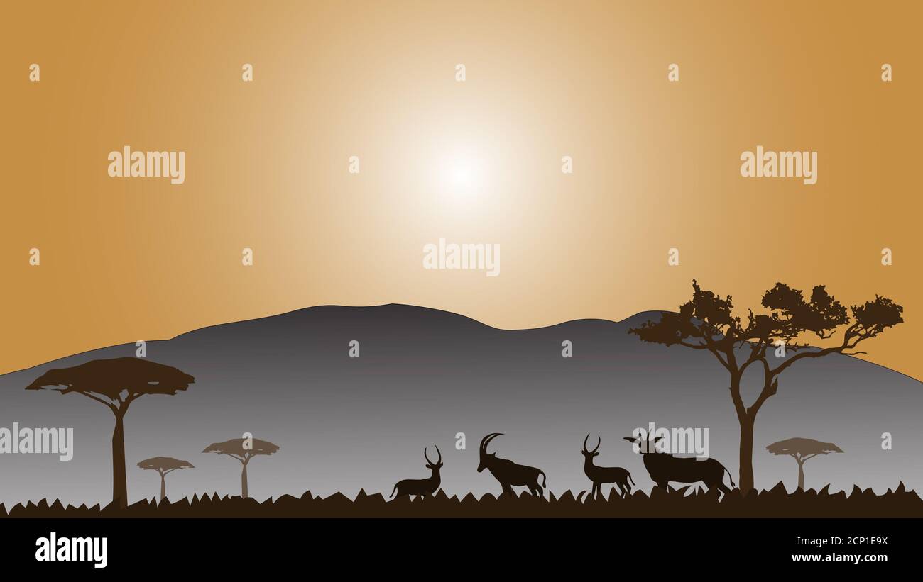 Beautiful illustration of an African landscape with animals Stock Photo ...