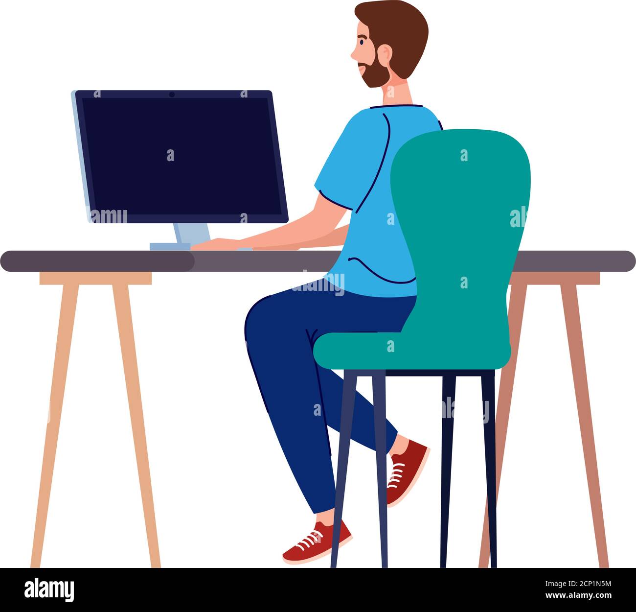 Man cartoon with computer at desk working vector design Stock Vector ...