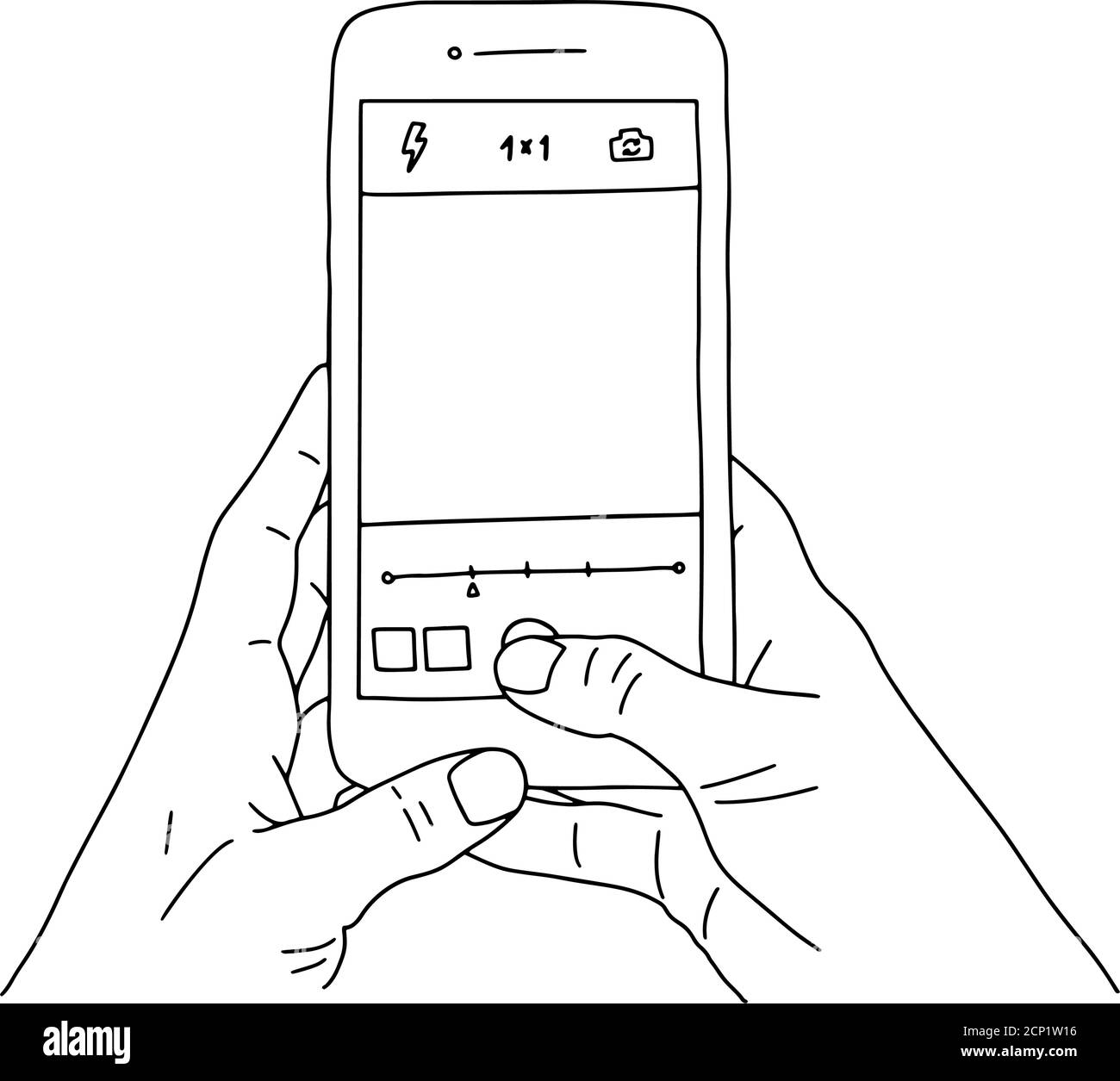 Hand holds the phone. Line art modern vector illustration. Template for ...