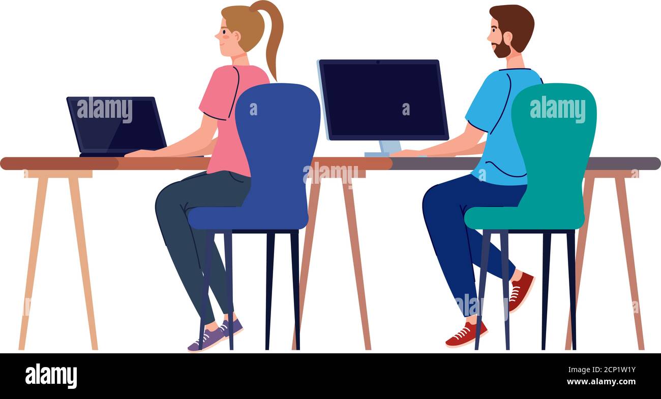 Man and woman cartoons with laptop and computer at desk working vector ...