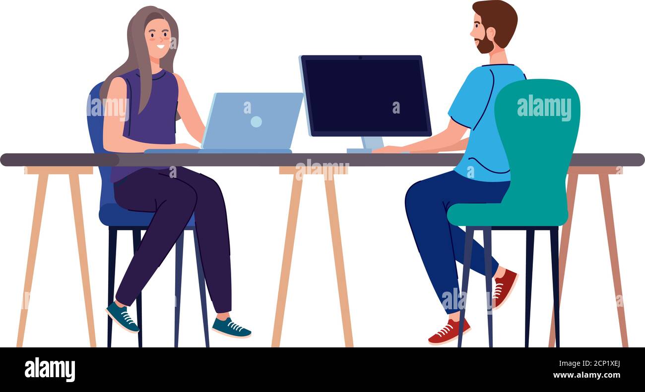 Man and woman cartoons with laptop and computer at desk working vector ...