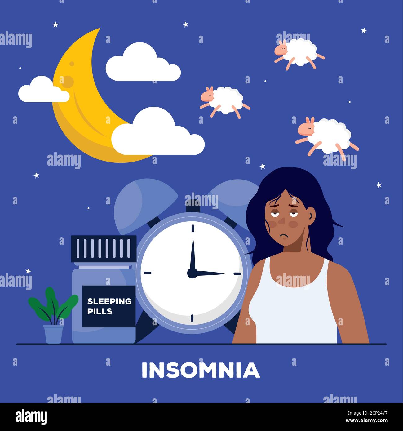 woman with insomnia clock moon and sheeps vector design Stock Vector ...