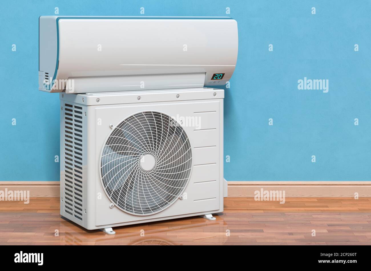 Air conditioner, indoor wall and outdoor compressor units in room on ...