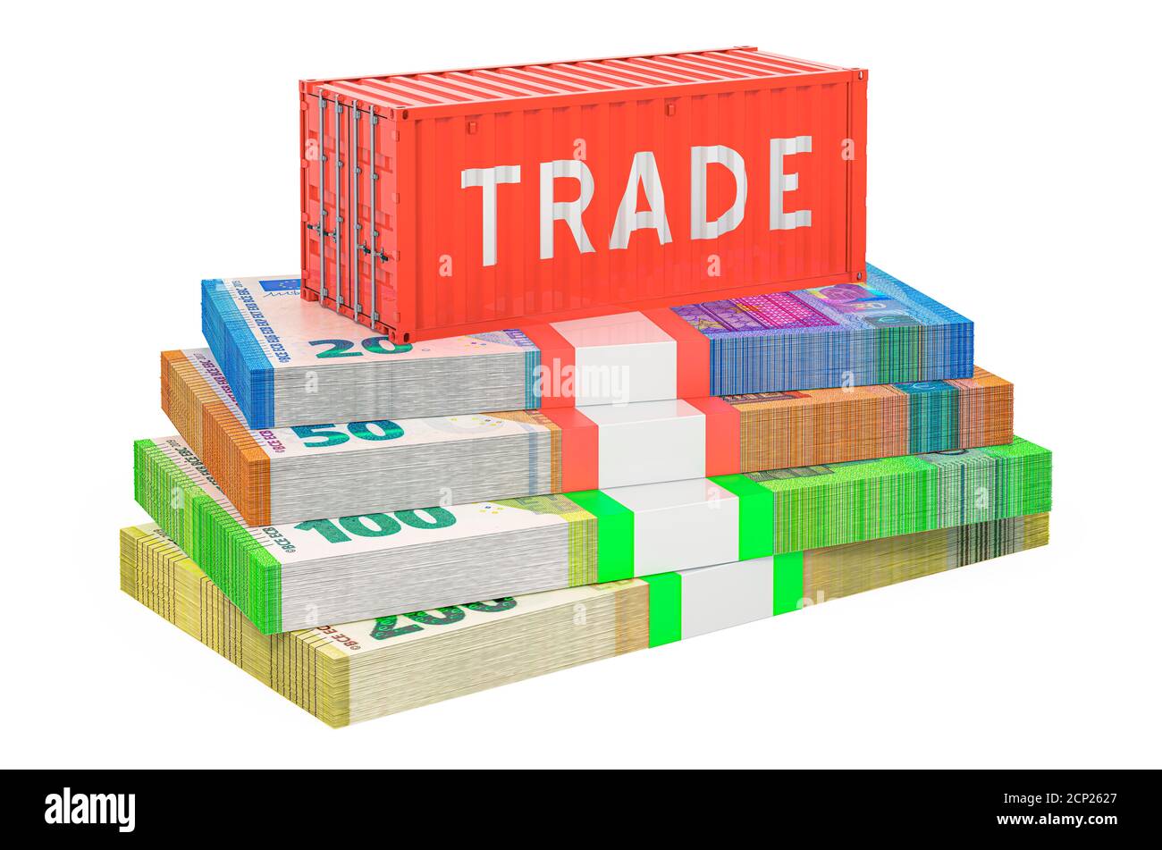 Cargo container on the euro packs with trade inscription. 3D rendering ...