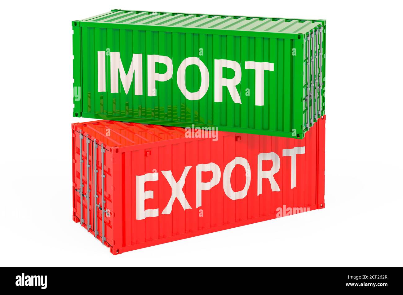 Import and Export concept, with cargo containers. 3D rendering isolated ...