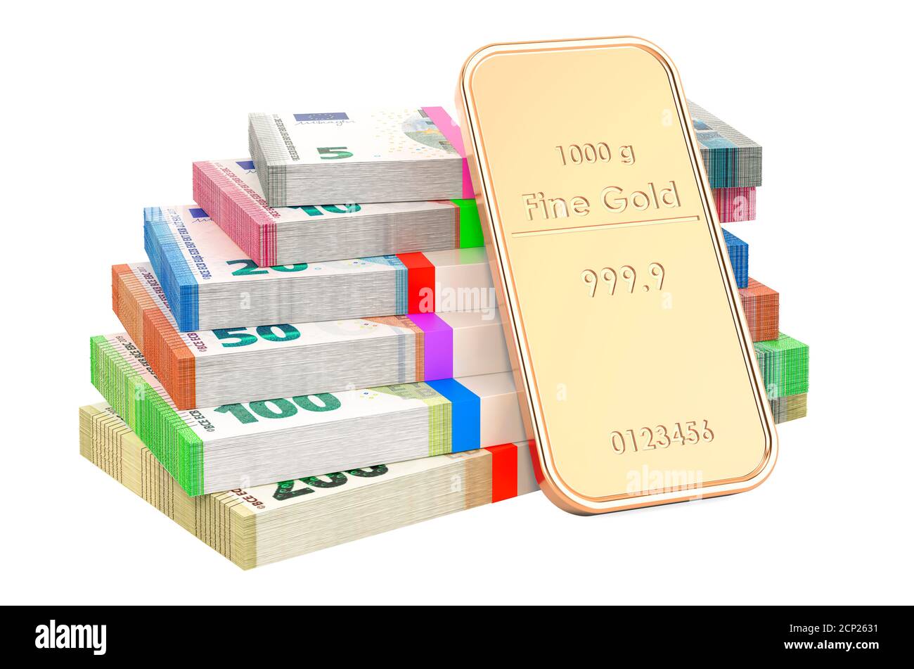 Euro packs with gold ingot, 3D rendering isolated on white background ...