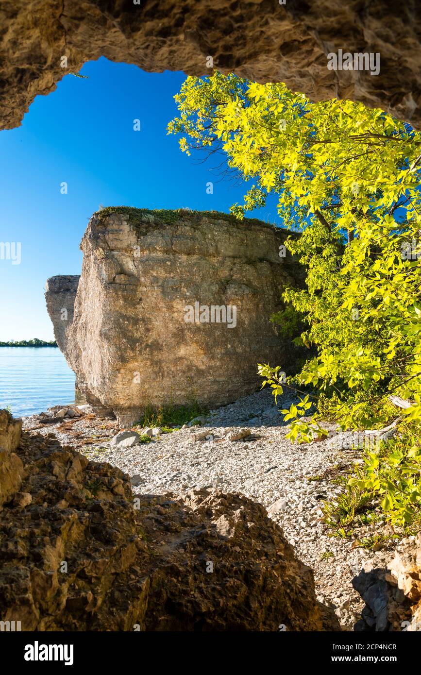 A view of the cliffs from a cave at Steep Rock, Manitoba, Canada Stock ...
