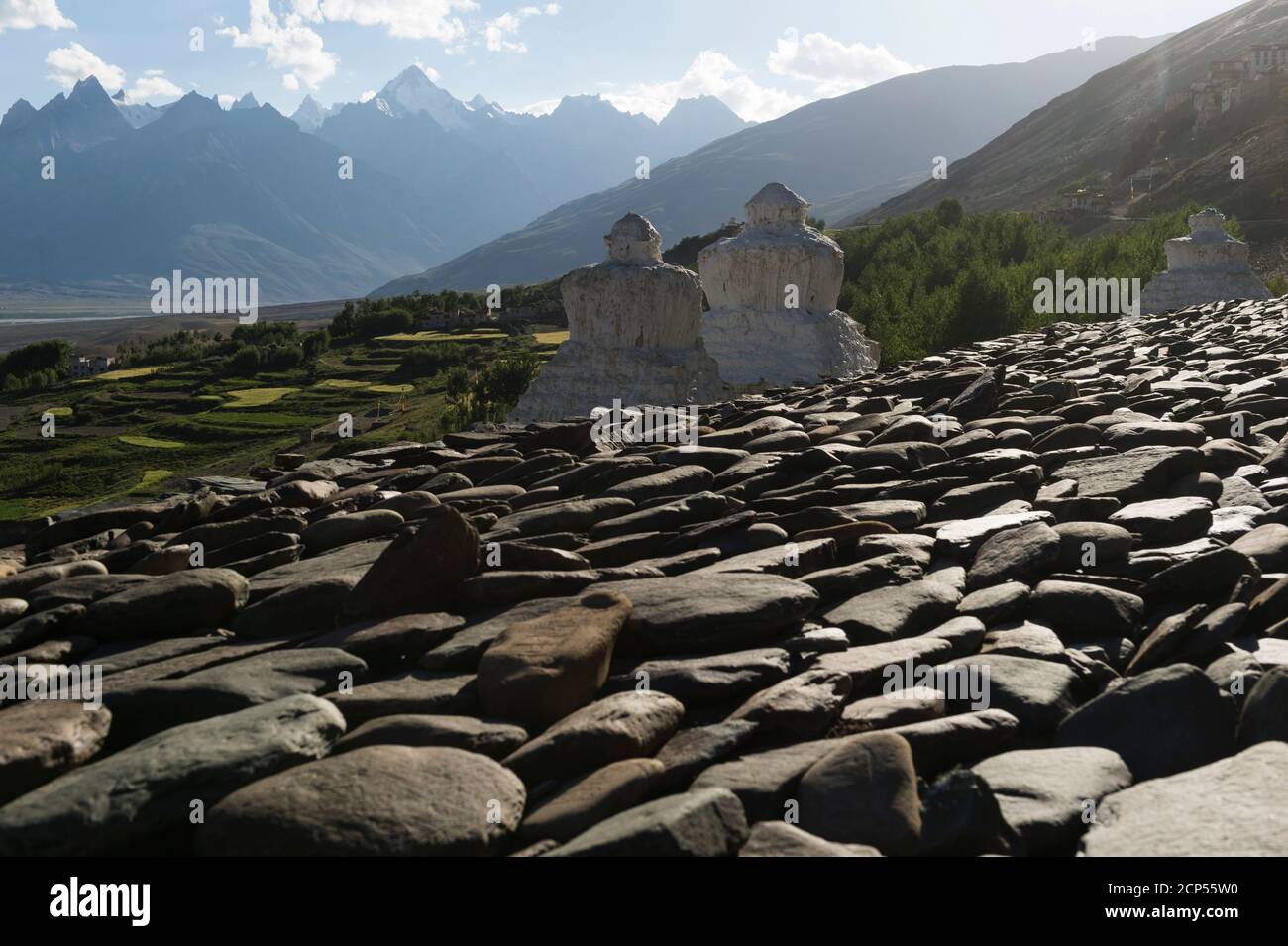 Landscape with Mani stones at the Karsha Gompa monastery Stock Photo ...