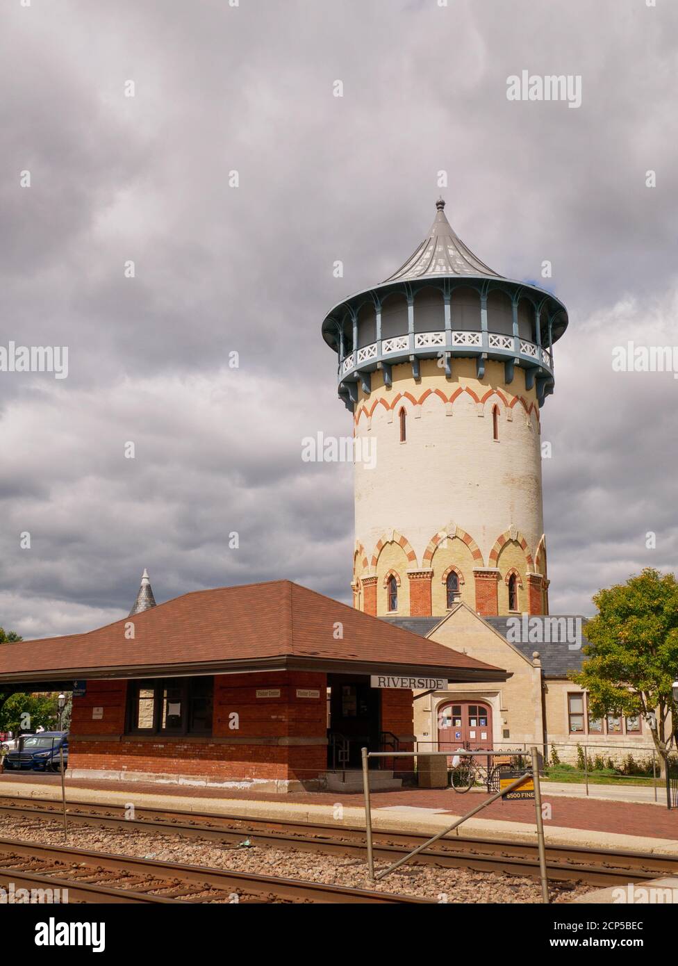 Metra commuter rail station and vintage water tower and water works now ...
