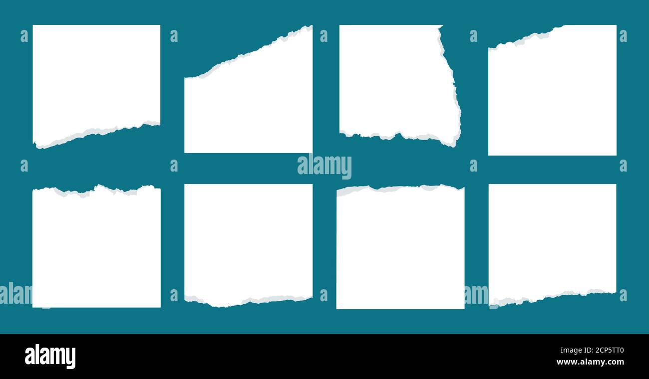 Paper scraps set. White ripped note. Blank notepad pages, pieces of ...