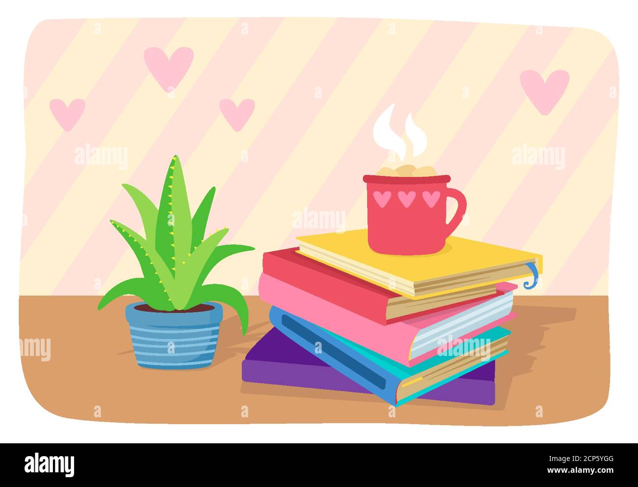 Stack of books with home plants, mug. Cartoon bookshelves library. Flat ...