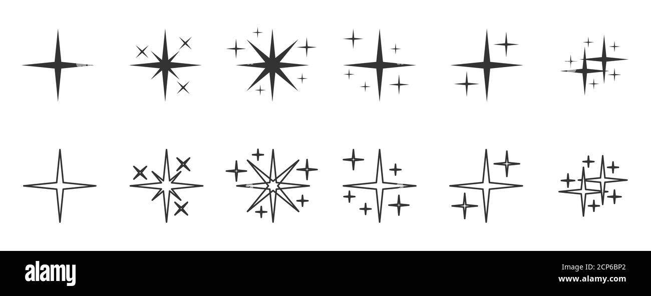 Contour and glyph symbols sparkles icon set. Empty outline decorative twinkle sparkle lights ...