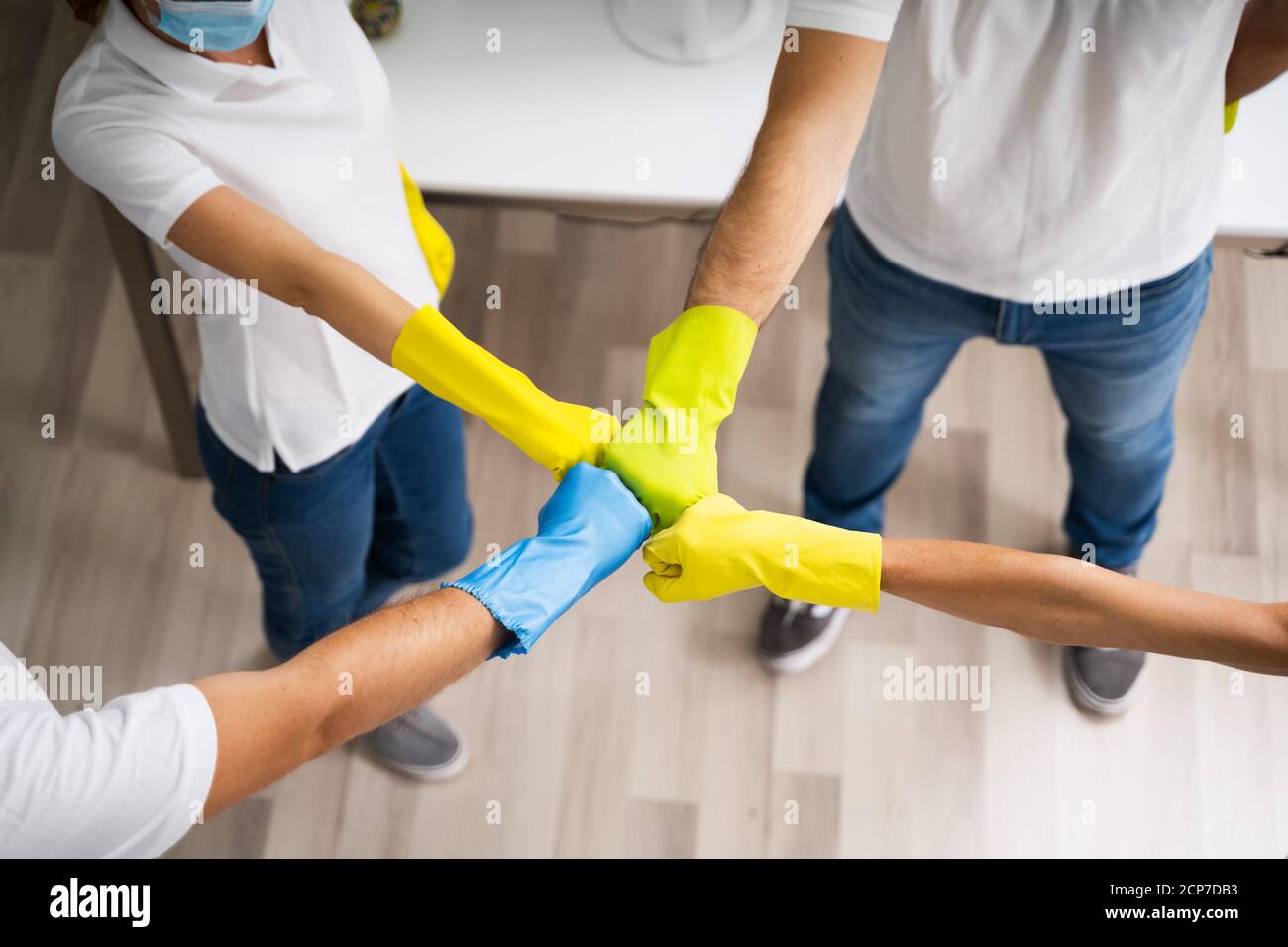 Professional Office Cleaning Janitor Team Spirit And Huddle With Face ...