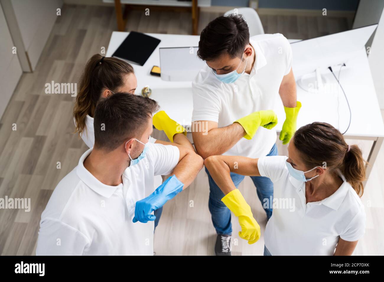 Professional Office Cleaning Janitor Team Spirit And Huddle With Face ...