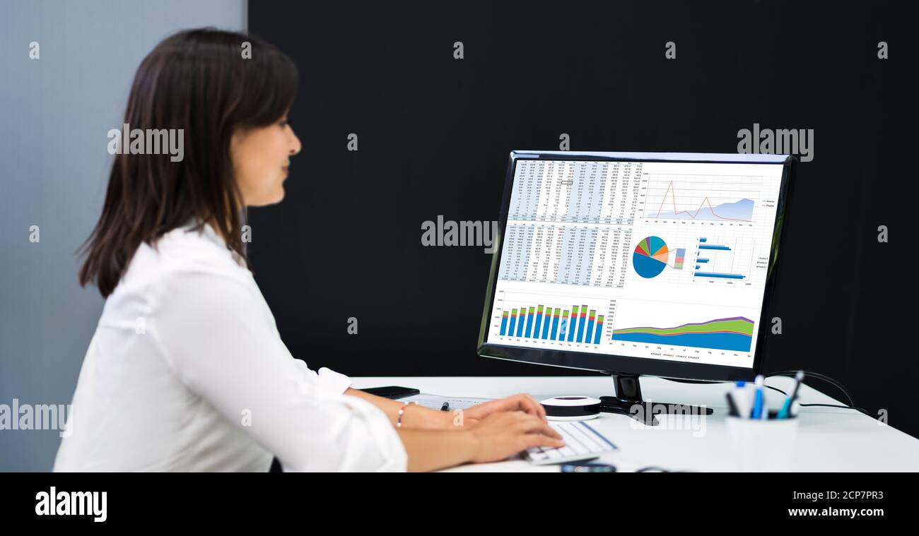 Computer Spreadsheet. Analyst Employee Working With Reports Stock Photo ...