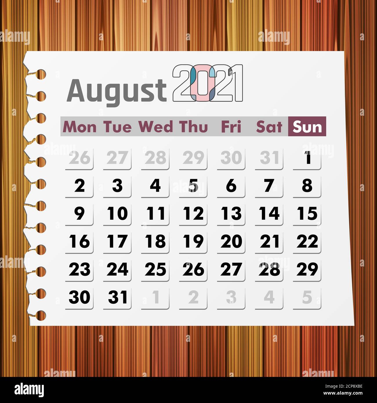 Calendar August 2021 on wood background. Vector illustration Stock ...