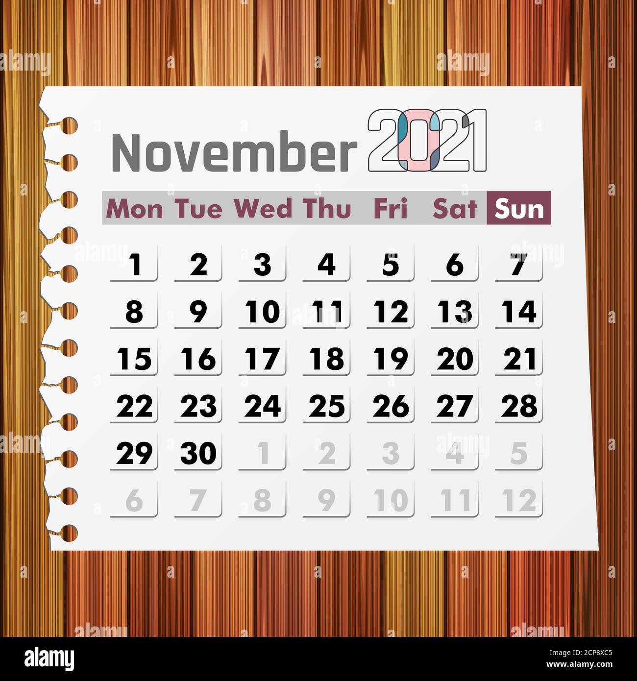 Calendar November 2021 on wood background. Vector illustration Stock ...