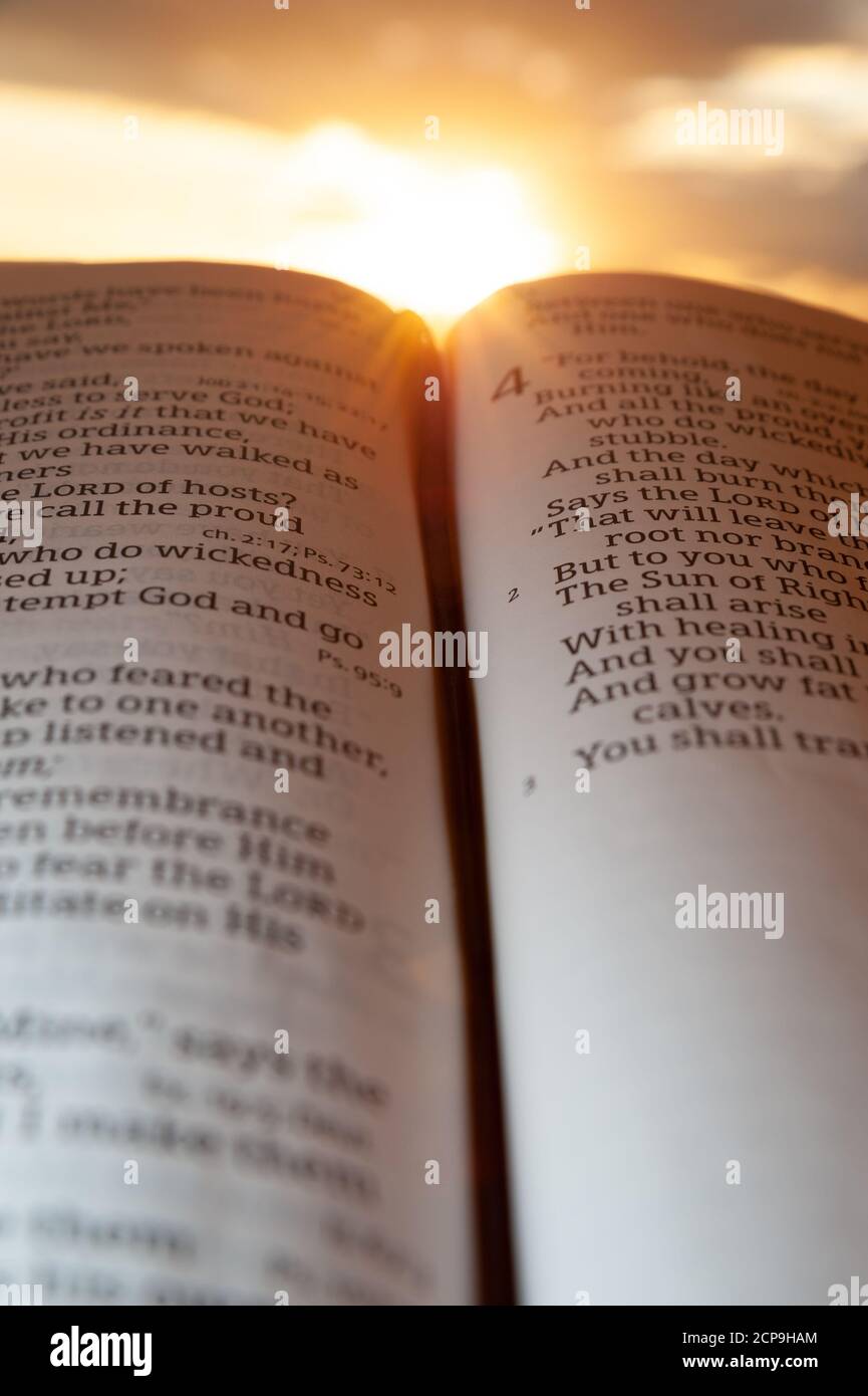Holy Bible open at sunset with highlight on Malachi 4:2. Background ...