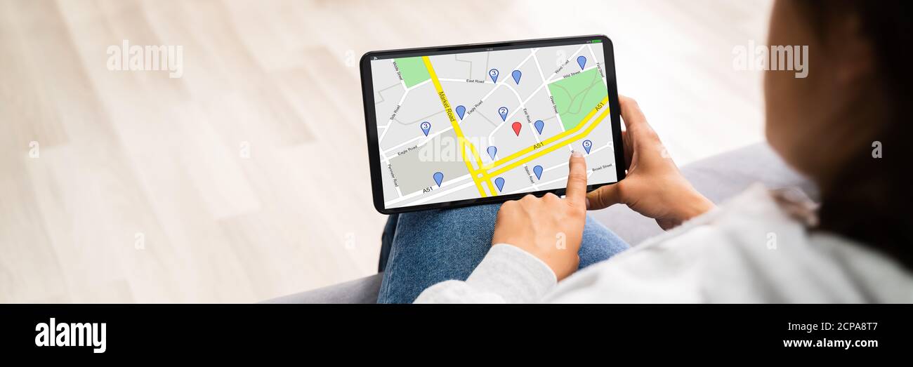 Location Map On Tablet Computer. Location Navigator Stock Photo - Alamy