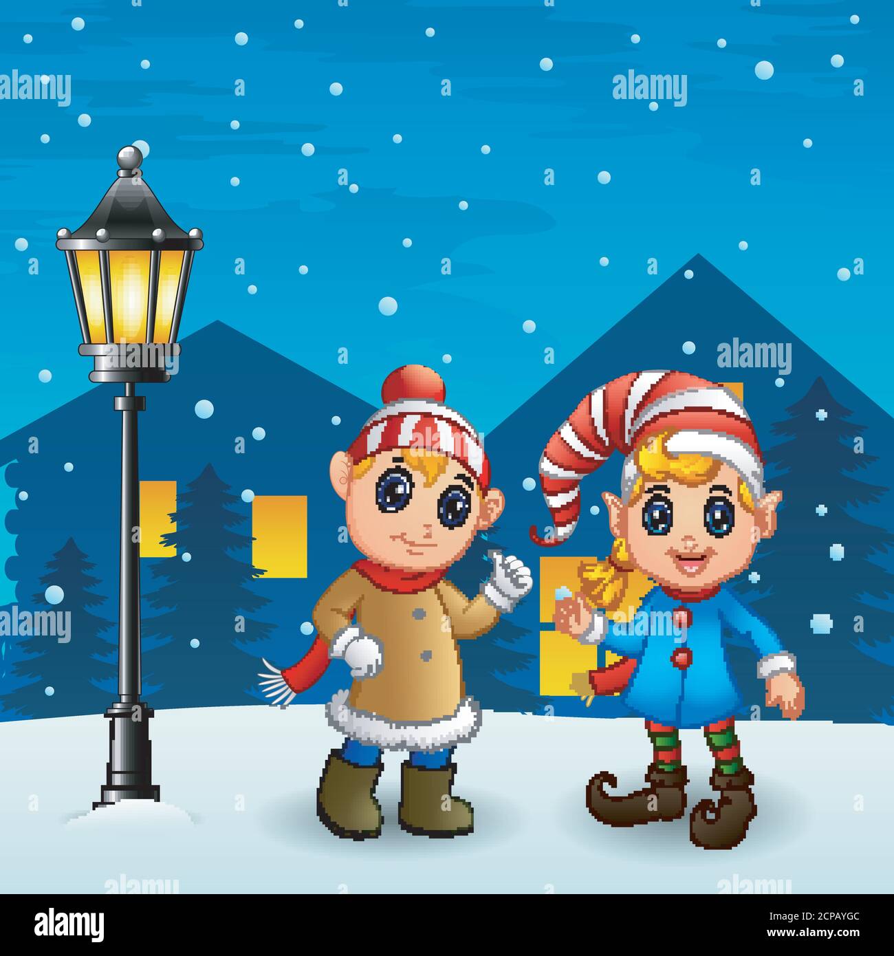 Christmas elf couple with snowfall falling at night background Stock ...