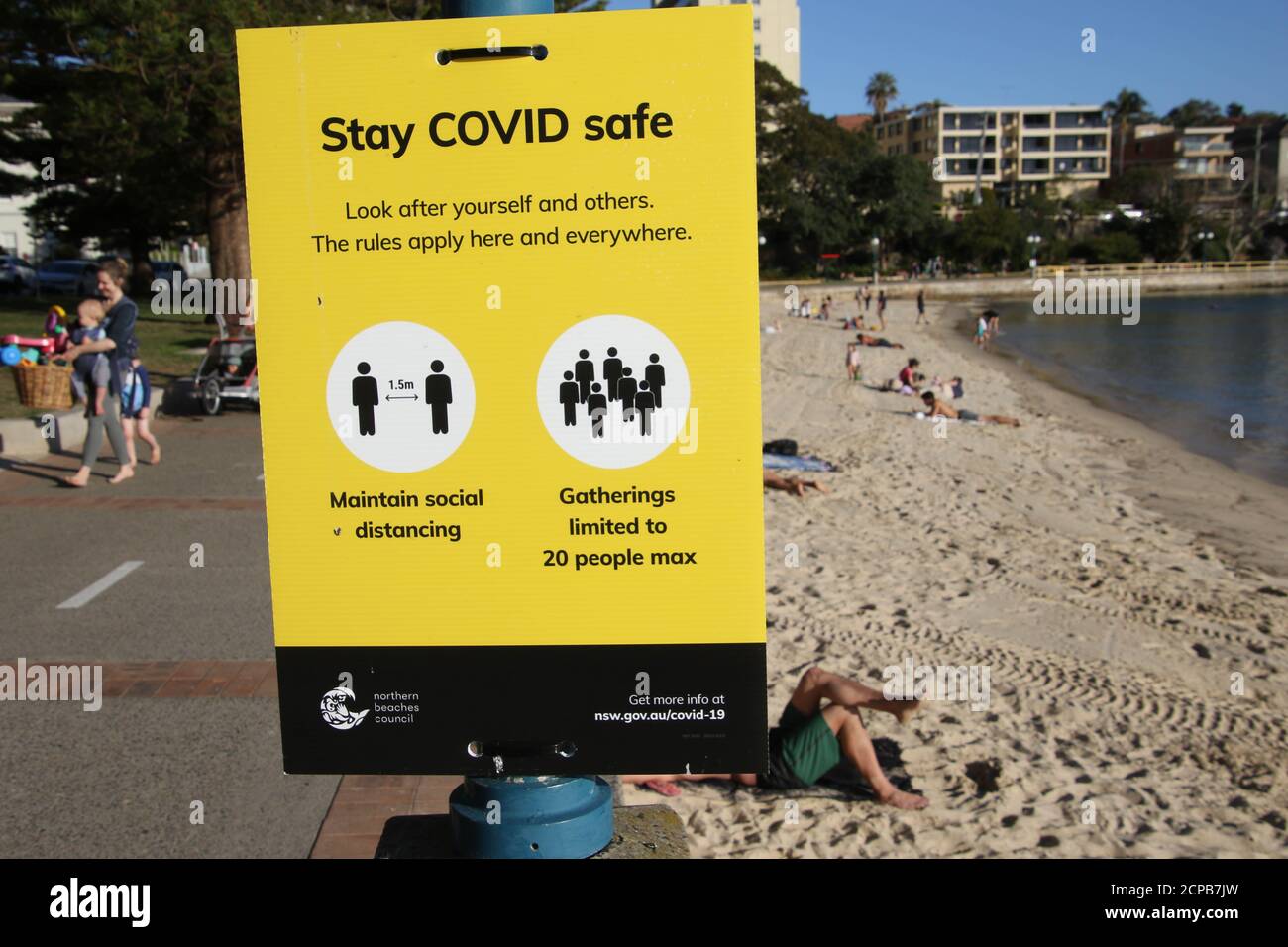 Stay Covid Safe sign at East Manly Cove Beach, Cabbage Tree Bay, Manly ...