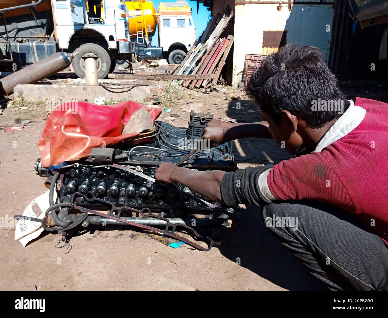 DISTRICT KATNI, INDIA - DECEMBER 14, 2019: An Indian village Mechanic ...