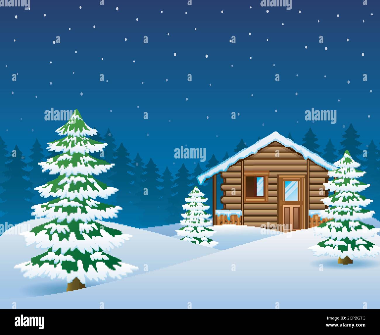 Snowy cabin night tree Stock Vector Images - Alamy