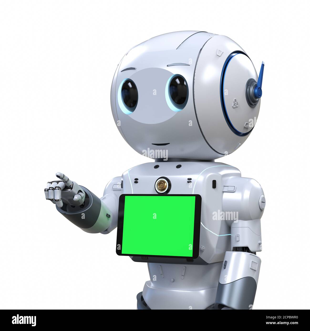 3d rendering cute artificial intelligence robot finger point with blank screen tablet Stock ...