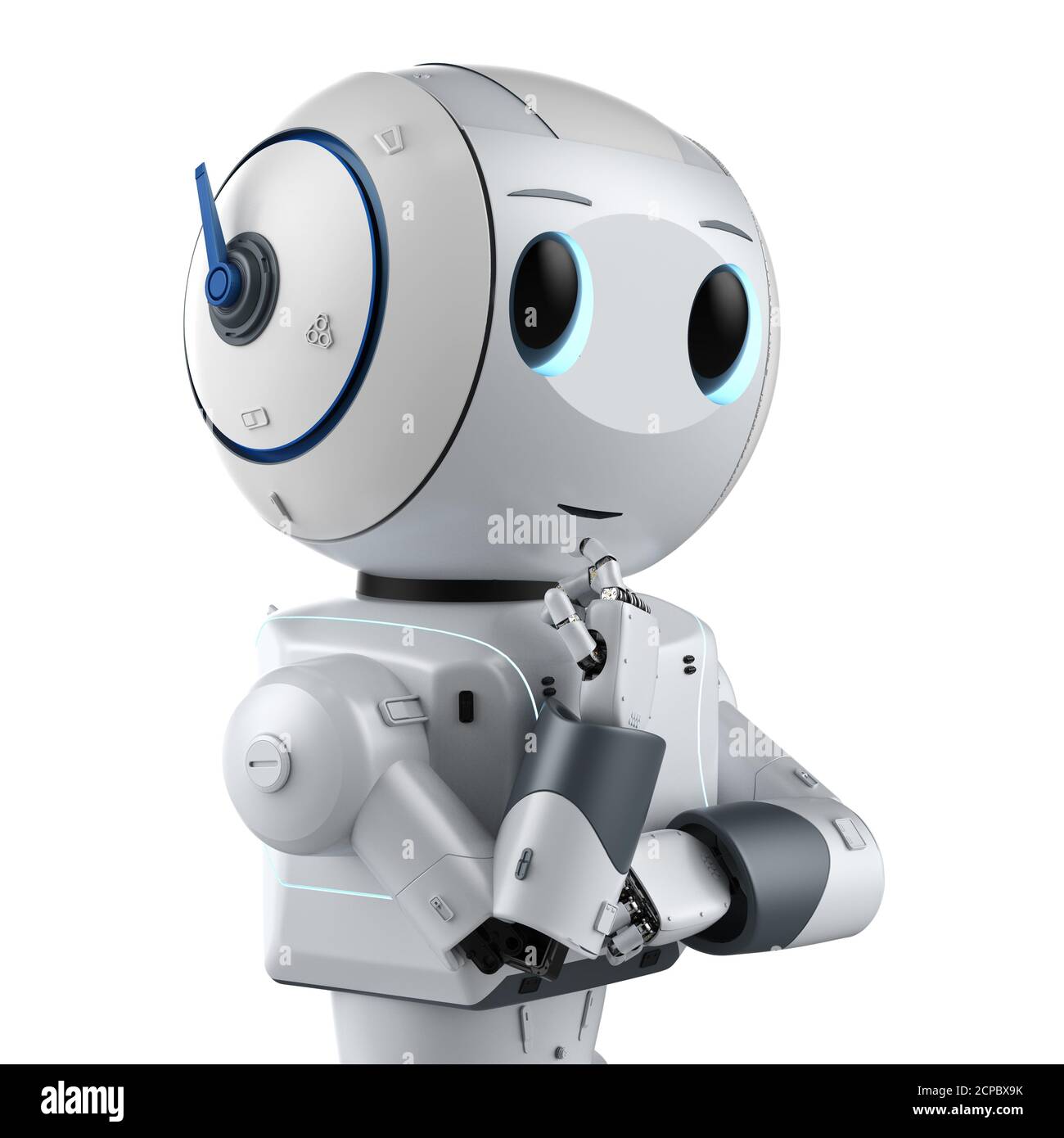 3d rendering cute artificial intelligence robot think isolated on white ...