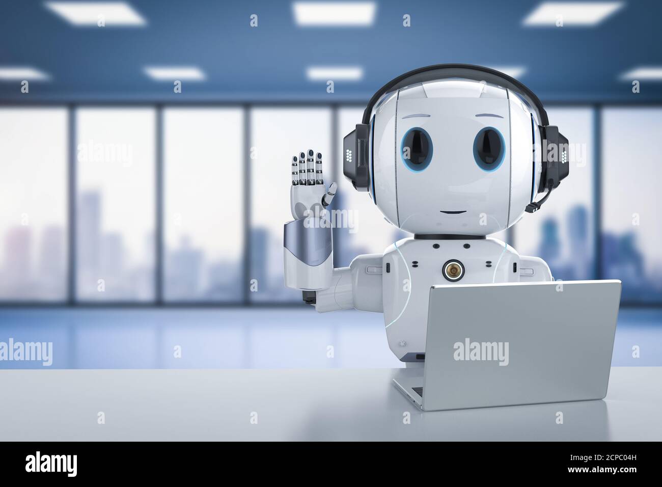 Automation customer service concept with 3d rendering cute robot working with headset and ...
