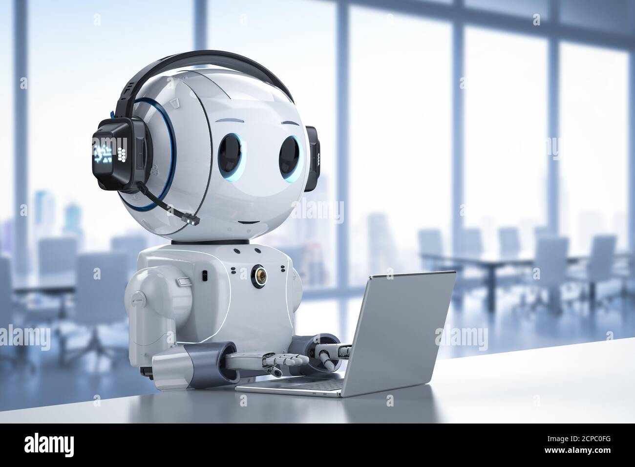 Automation customer service concept with 3d rendering cute robot working with headset and ...