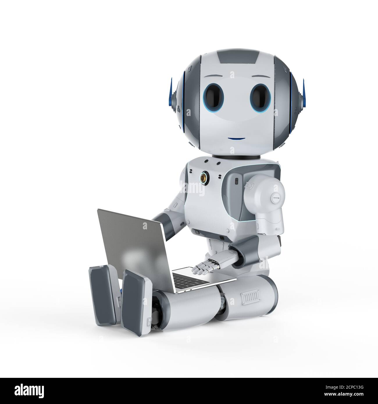 3d rendering cute artificial intelligence robot with computer notebook ...