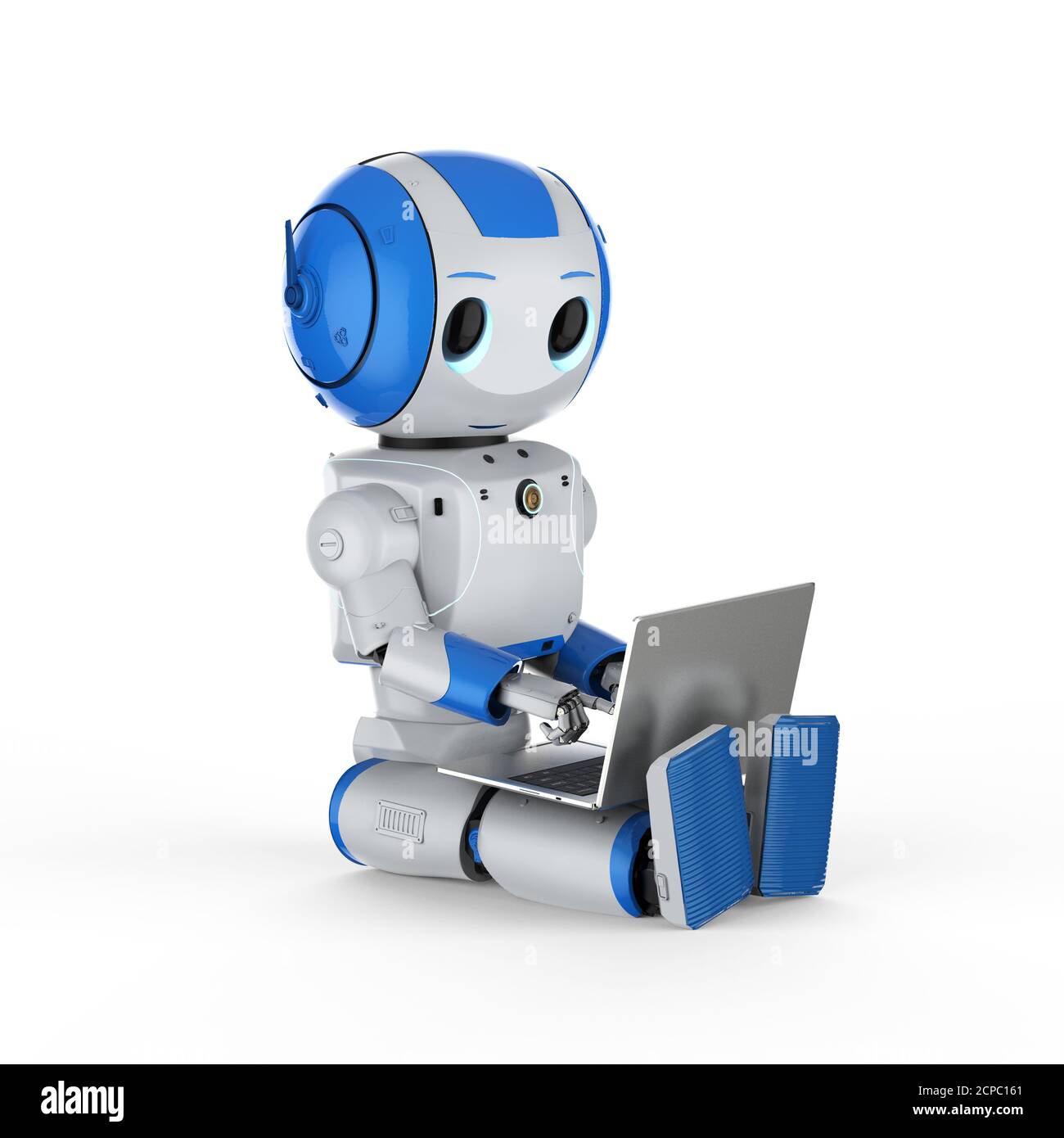 3d rendering cute artificial intelligence robot with computer notebook ...