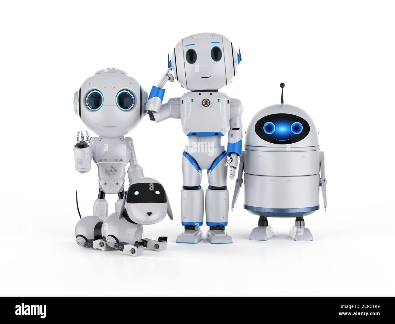 3d rendering group of artificial intelligence robots with cartoon ...