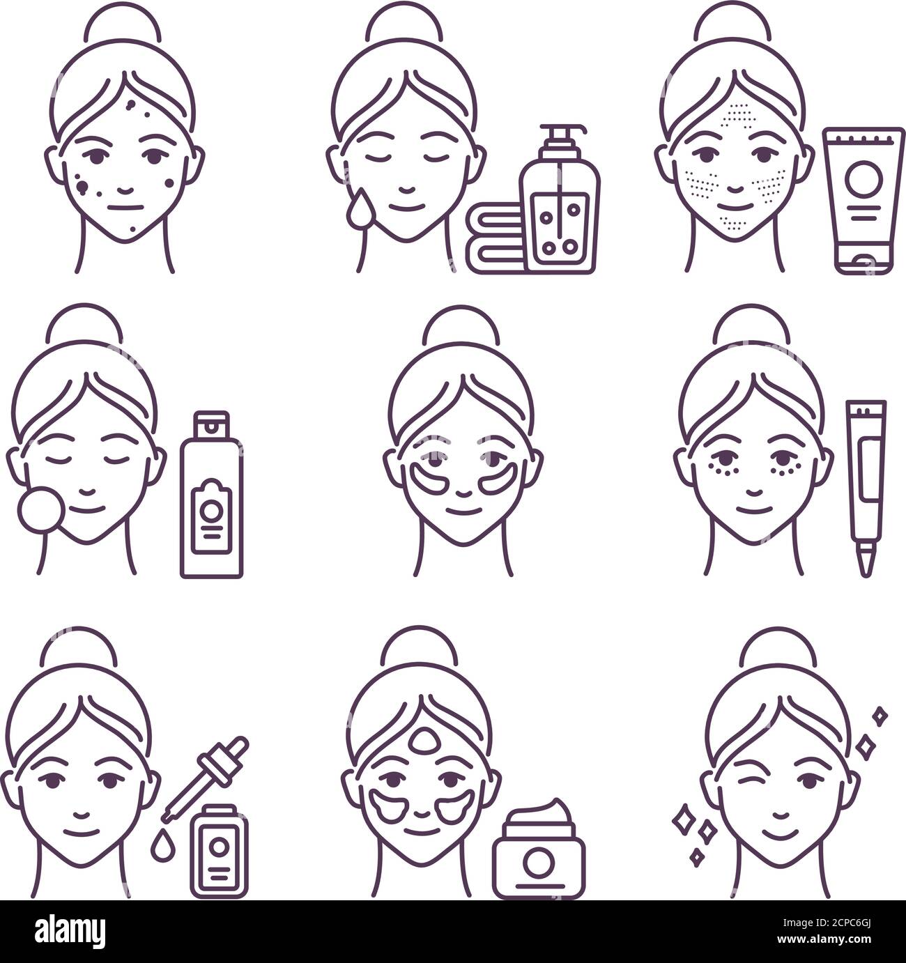 Skin care black line icons set. Woman face with a different facial ...