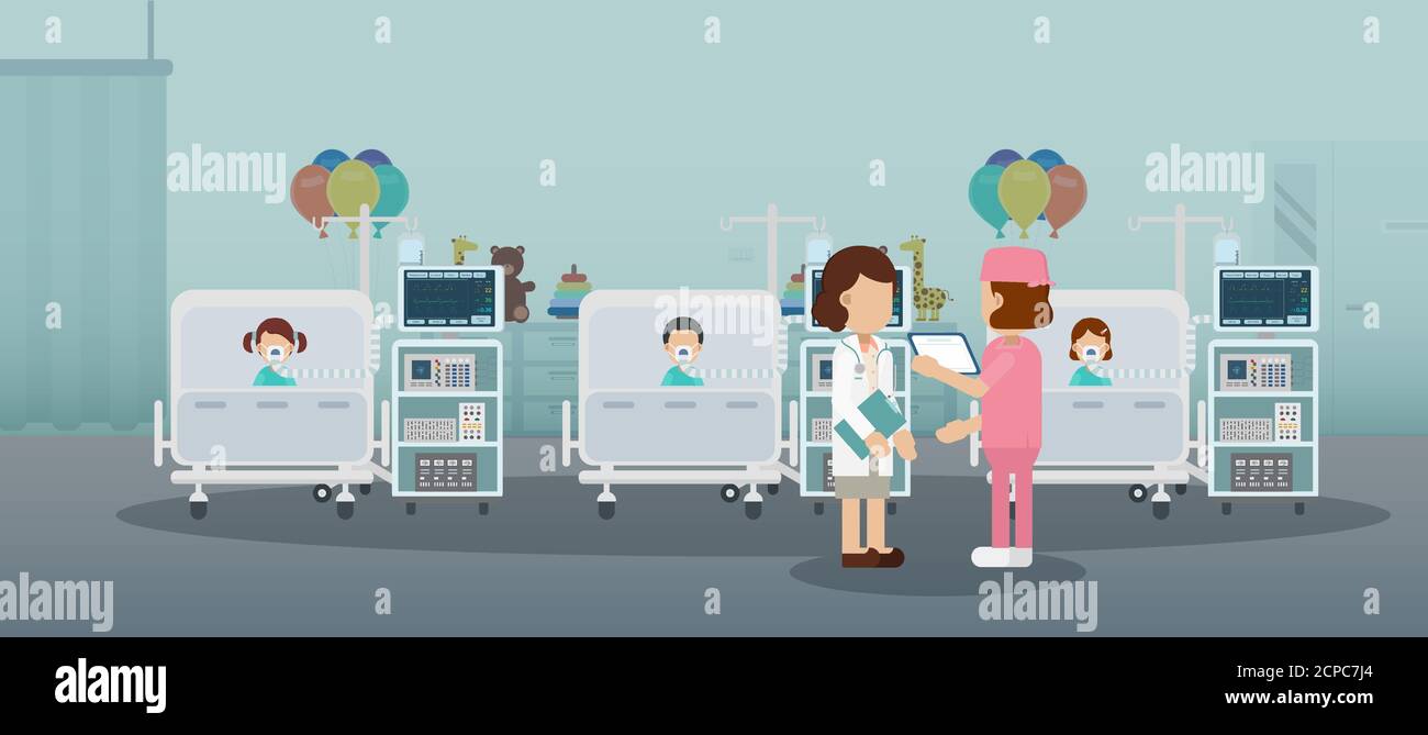 Pediatrics ward with doctor and patients flat design vector ...