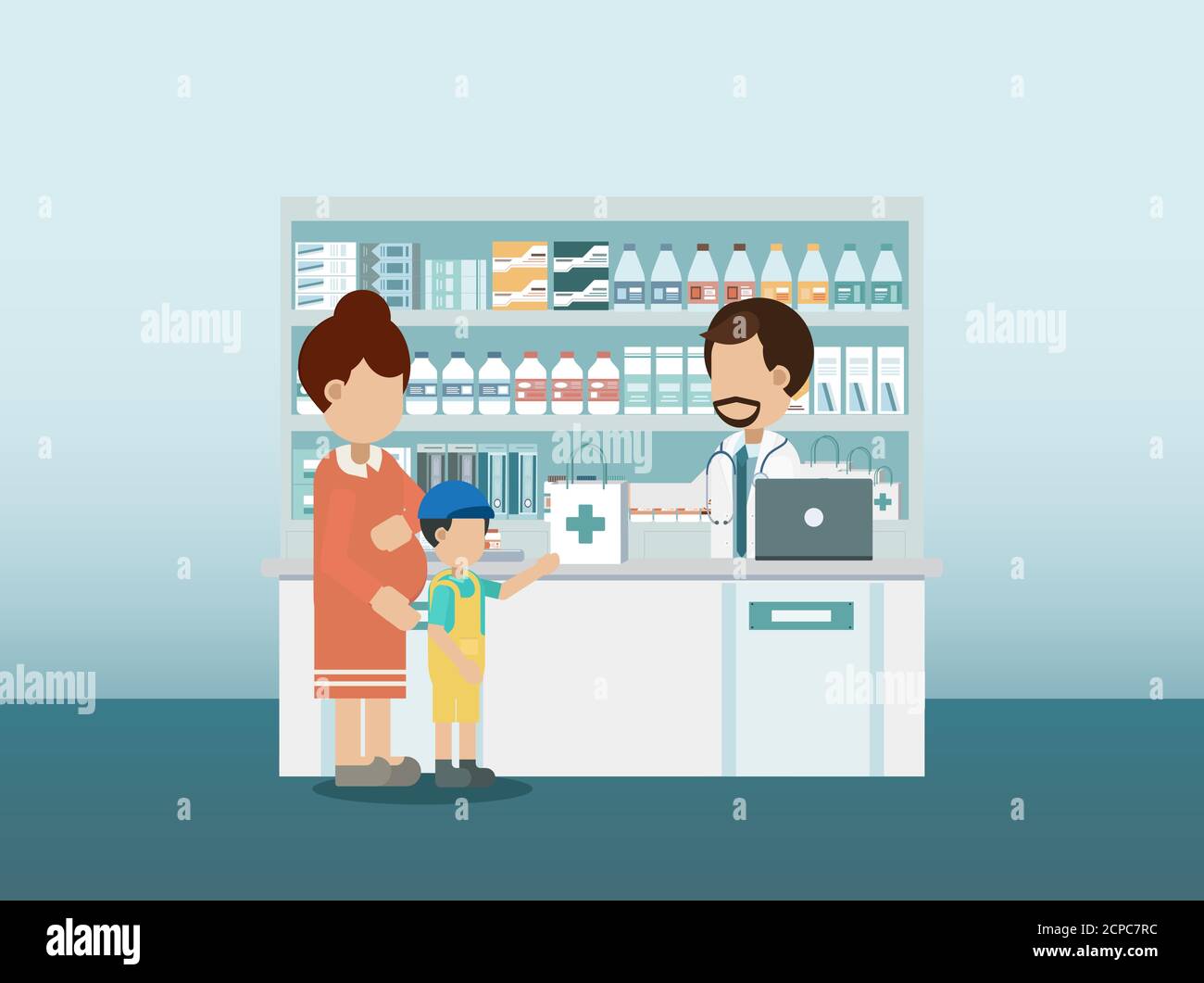 Pharmacy with pharmacist and kid flat design vector illustration Stock ...