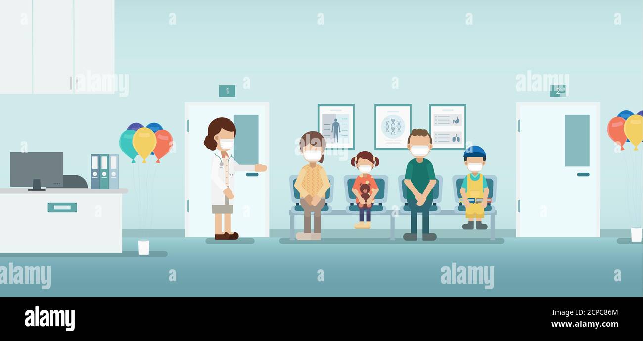 Pediatrician with children patient in waiting area vector illustration ...