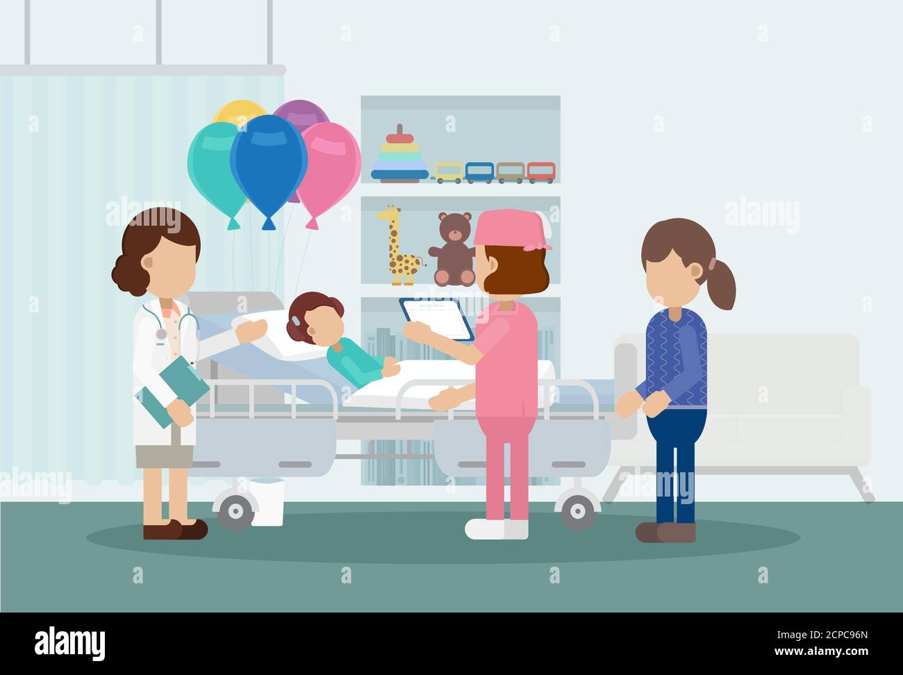 Pediatrics ward with doctor and patient flat design vector illustration ...