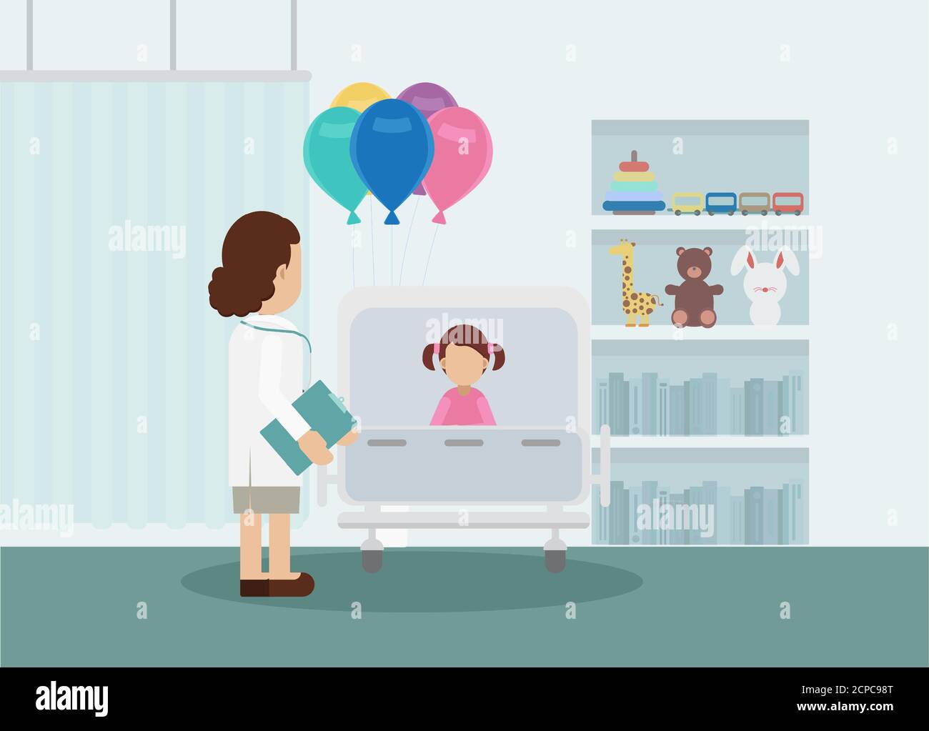 Pediatrics ward with doctor and patient flat design vector illustration ...