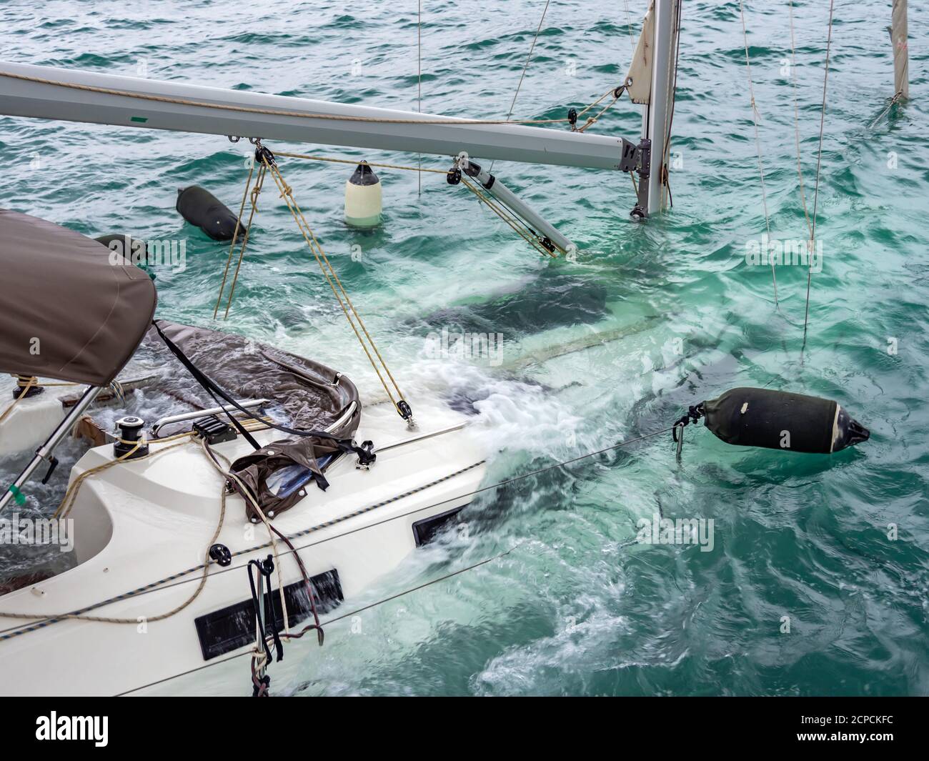 Sunken sailing ship during the Mediterranean cyclone Ianos in Nidri on ...