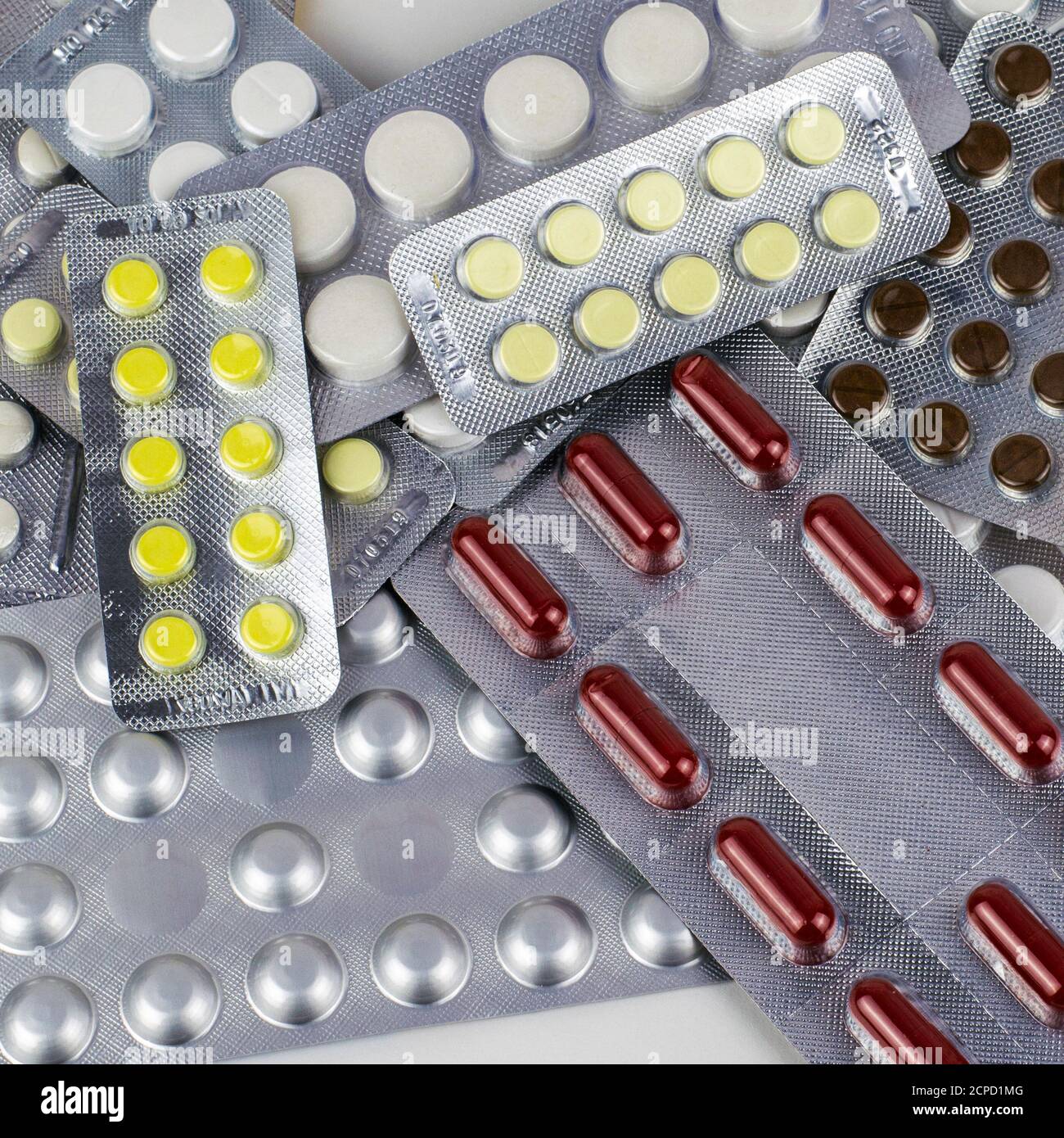 a large number of tablets in blisters top view for backdrop background ...