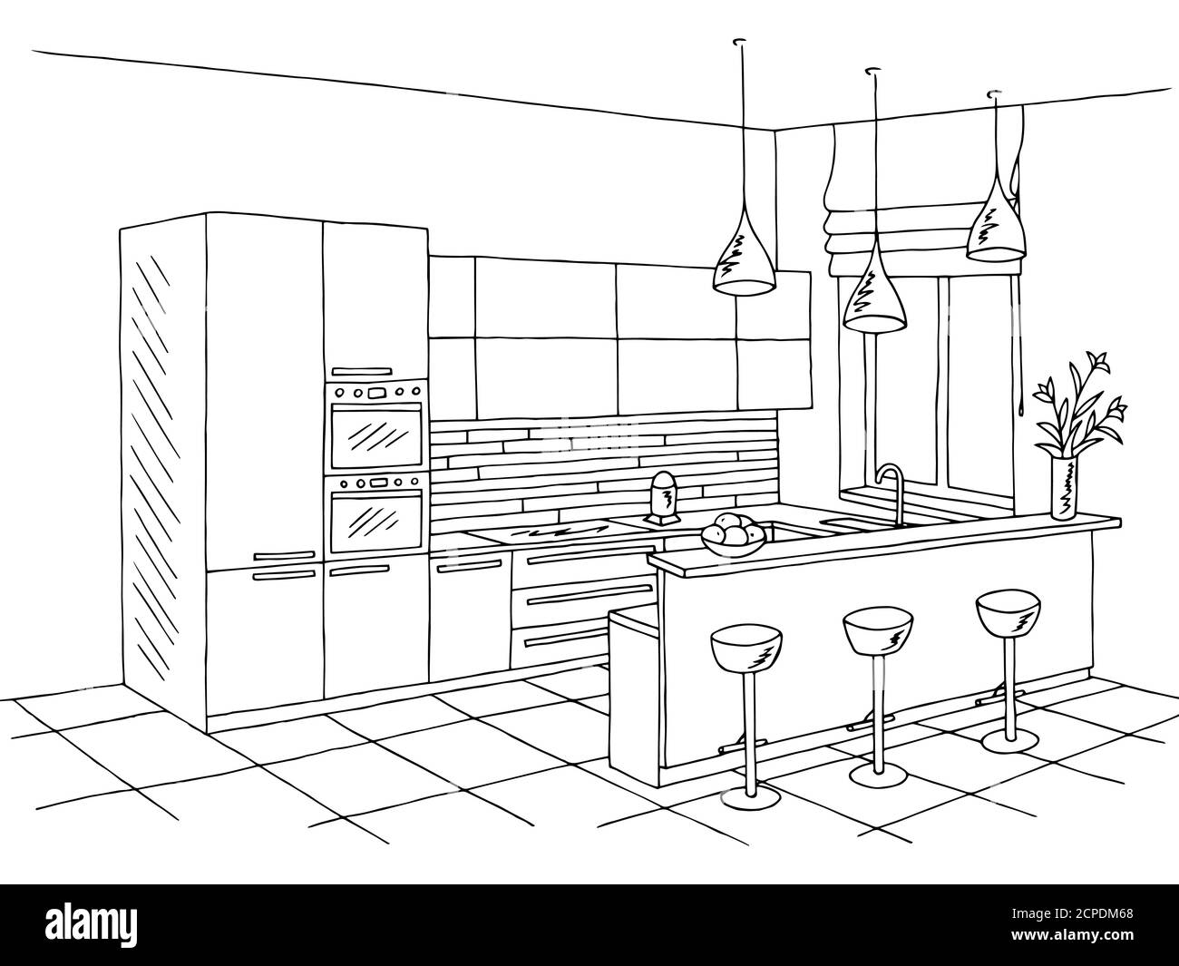 Kitchen room interior black white graphic art sketch illustration ...
