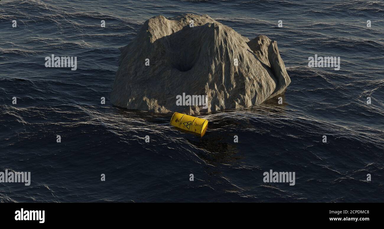 3d illustration, Barrel with radioactive nuclear waste is floating on ...