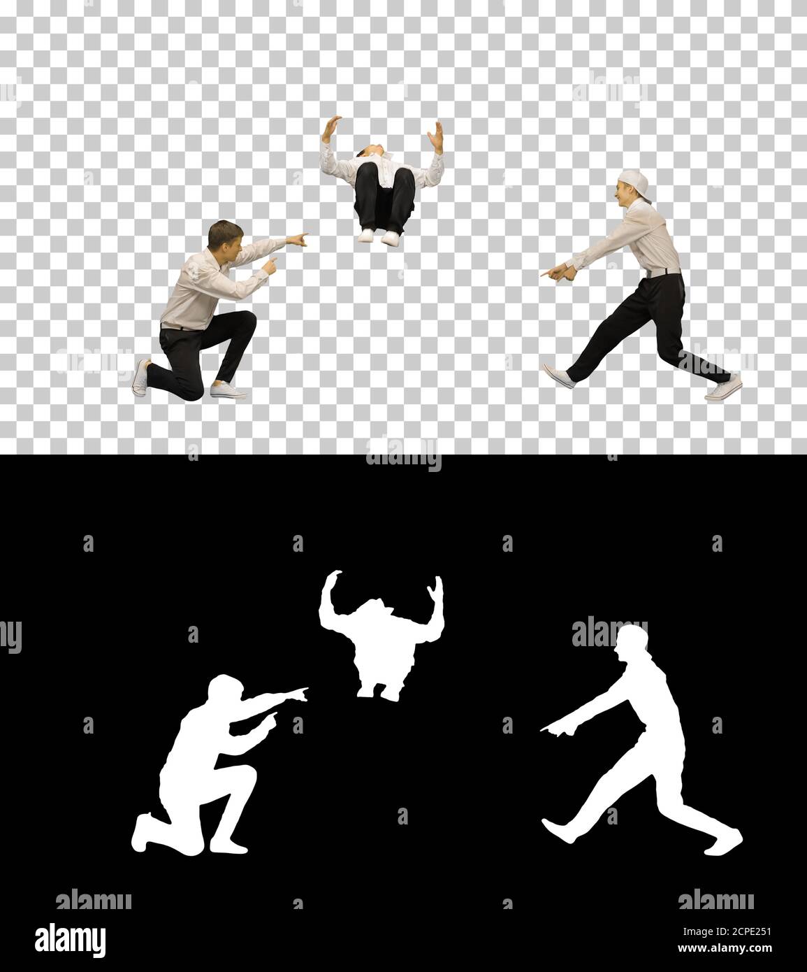 Three guys in white shirts dancing in synch looking at camera, Alpha ...